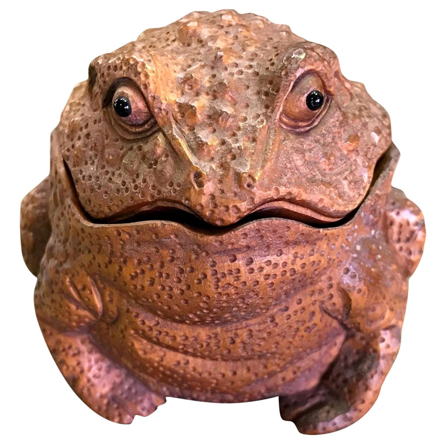 Japanese Wood Carved Frog Sake Cup Netsuke with Lotus Inside at 1stDibs