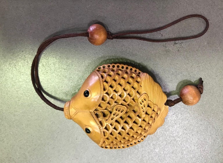 Japanese Wood Carving Koi Double Fish Netsuke or Medicine Box with ...