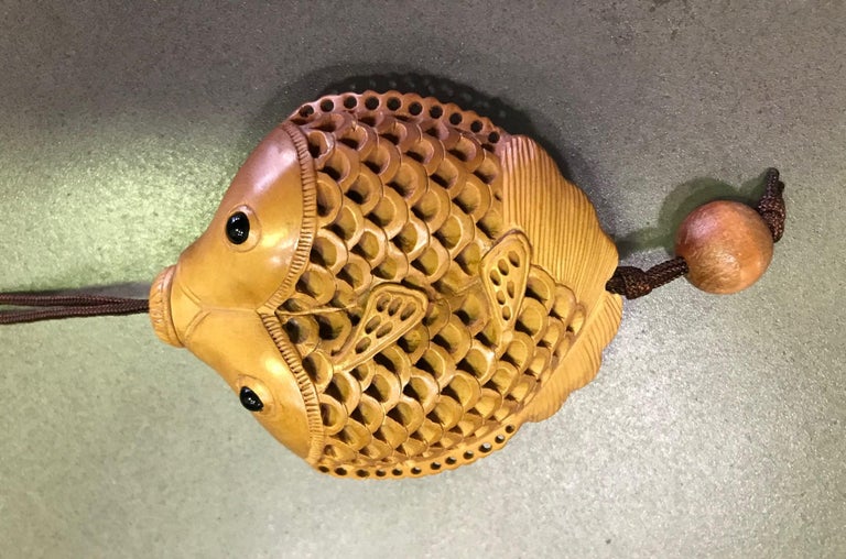 Japanese Wood Carving Koi Double Fish Netsuke or Medicine Box with ...