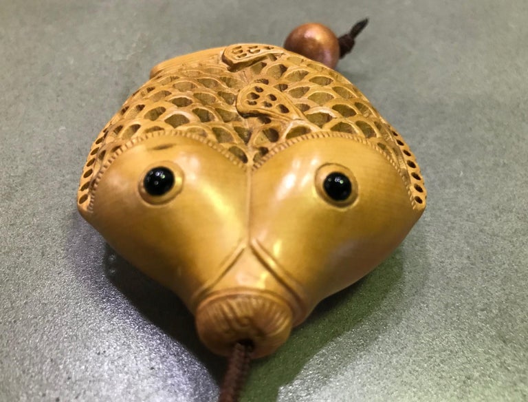 Japanese Wood Carving Koi Double Fish Netsuke or Medicine Box with ...