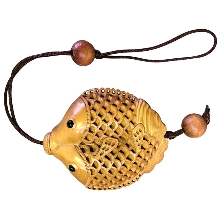 Japanese Wood Carving Koi Double Fish Netsuke or Medicine Box with ...