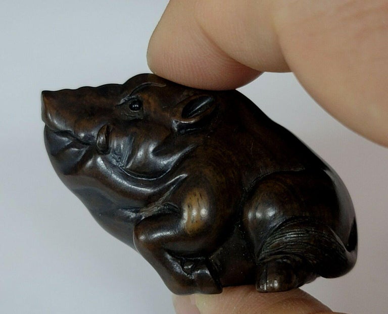 Japanese Wood Netsuke " The Pig "by Yoshitoshi Late Meiji Era For Sale ...