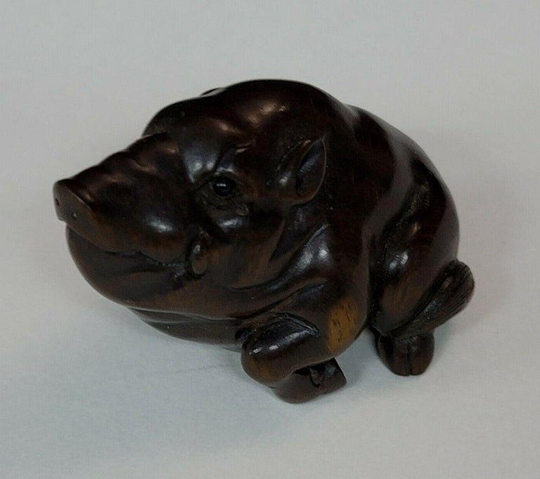 Japanese Wood Netsuke " The Pig "by Yoshitoshi Late Meiji Era For Sale ...