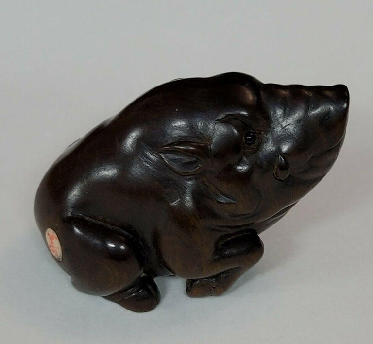 Japanese Wood Netsuke " The Pig "by Yoshitoshi Late Meiji Era For Sale ...