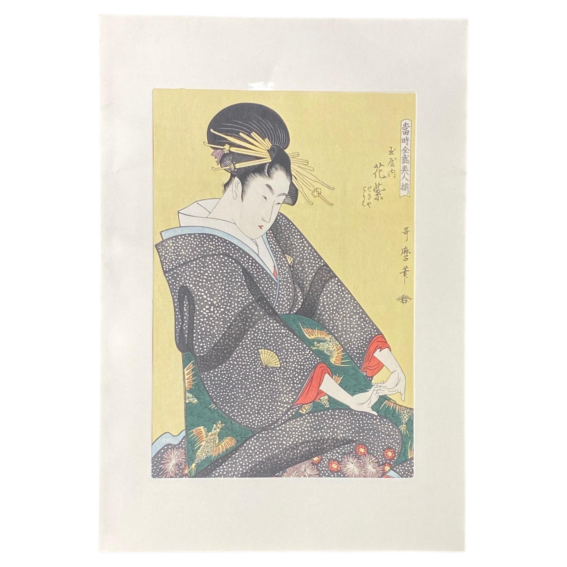 Japanese Woodblock Print of An Edo Geisha Women With Yellow Hairpins ...