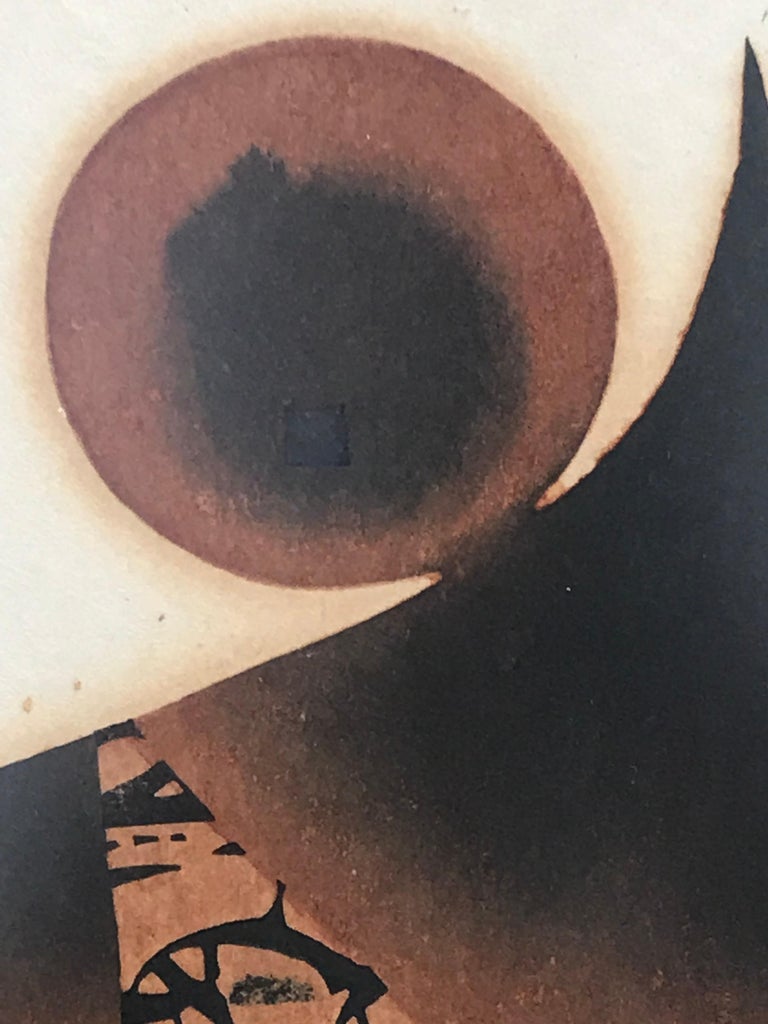 Japanese Woodblock Semi-Abstract Brown Moon Lithograph in Wood and Gold ...