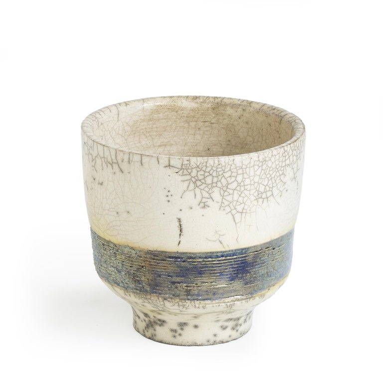 Japanese Yunomi Tea Cup Raku Ceramic Silver Band For Sale at 1stDibs
