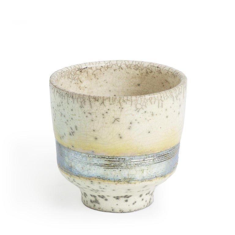 Japanese Yunomi Tea Cup Raku Ceramic Silver Band For Sale at 1stDibs
