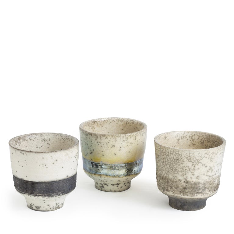 Japanese Yunomi Tea Cup Raku Ceramic Silver Band For Sale at 1stDibs