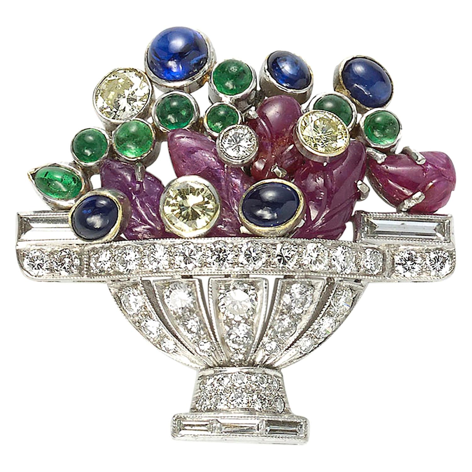 Art Deco Diamond Gem Set Platinum Jardinière Brooch For Sale at 1stDibs