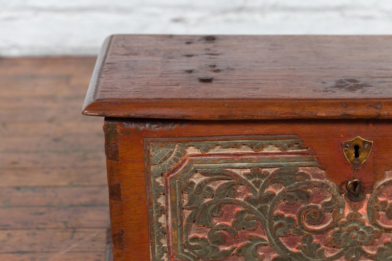 Javanese 19th Century Teak Carved Trunk with Green and Red Painted ...