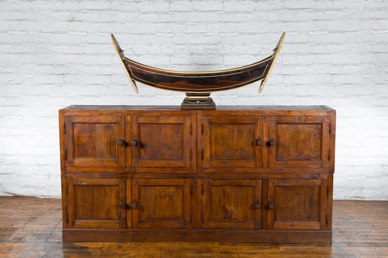 Javanese Vintage Brown Lacquer Eight Door Bookcase with Recessed Panels ...