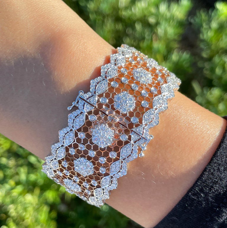 Jay Feder 18k Two Tone Gold Diamond Filigree Wide Bangle Bracelet For Sale at 1stDibs