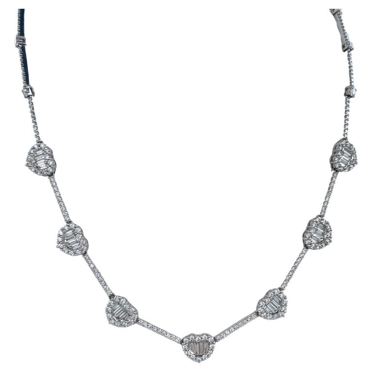 Jay Feder 18 Karat White Gold Diamond Heart Cluster 7 Station Necklace ...