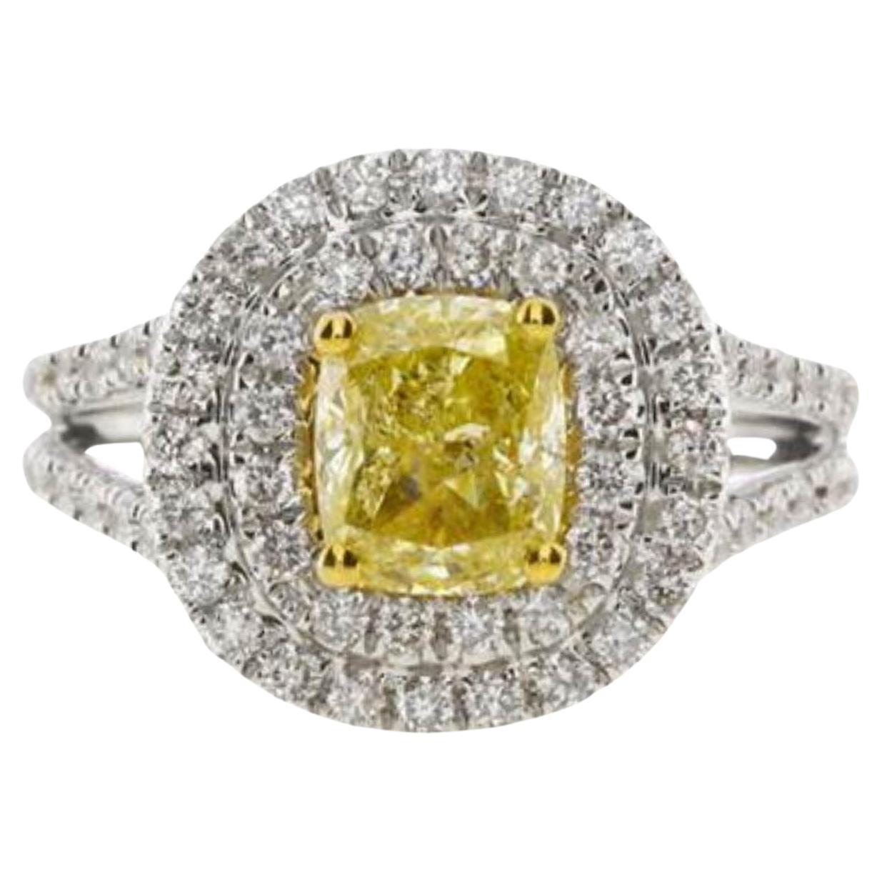 Elegant Cushion Yellow Diamond Double Halo 18 Karat Engagement Ring For ...
