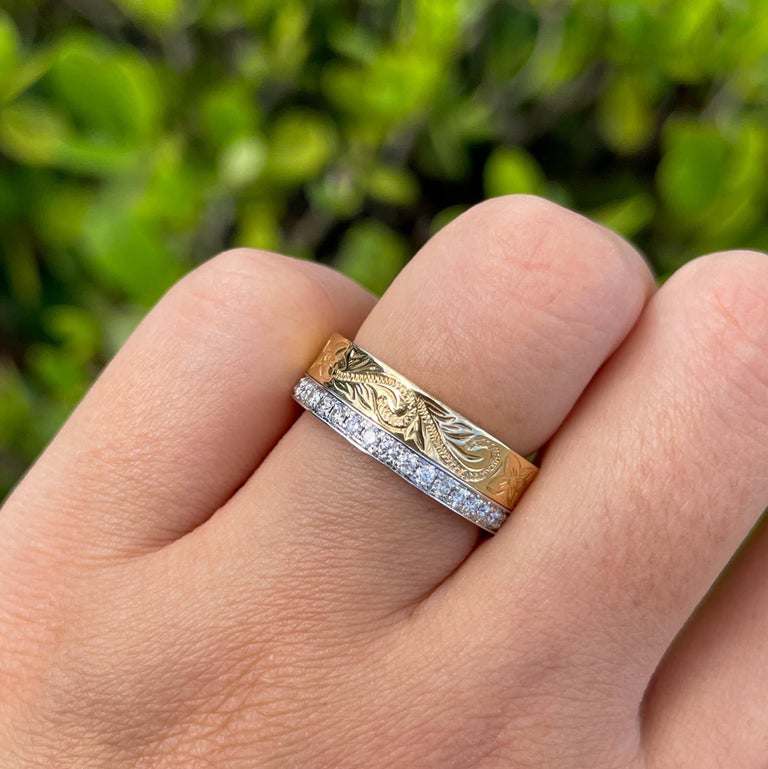 Jay Feder 18k Yellow and White Gold Round Diamond Engraved Band For ...