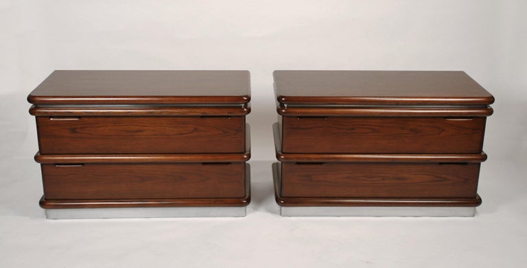 Jay Spectre Modernist Walnut and Brushed Stainless Nightstands at 1stDibs