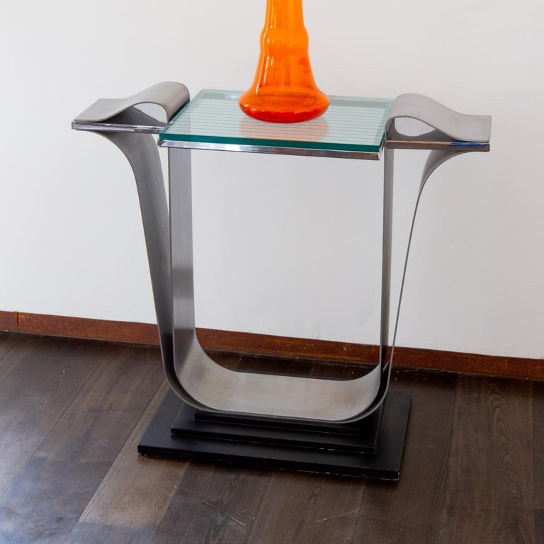 Jay Spectre Steel Console Table with Glass Top, 1980s For Sale at 1stDibs