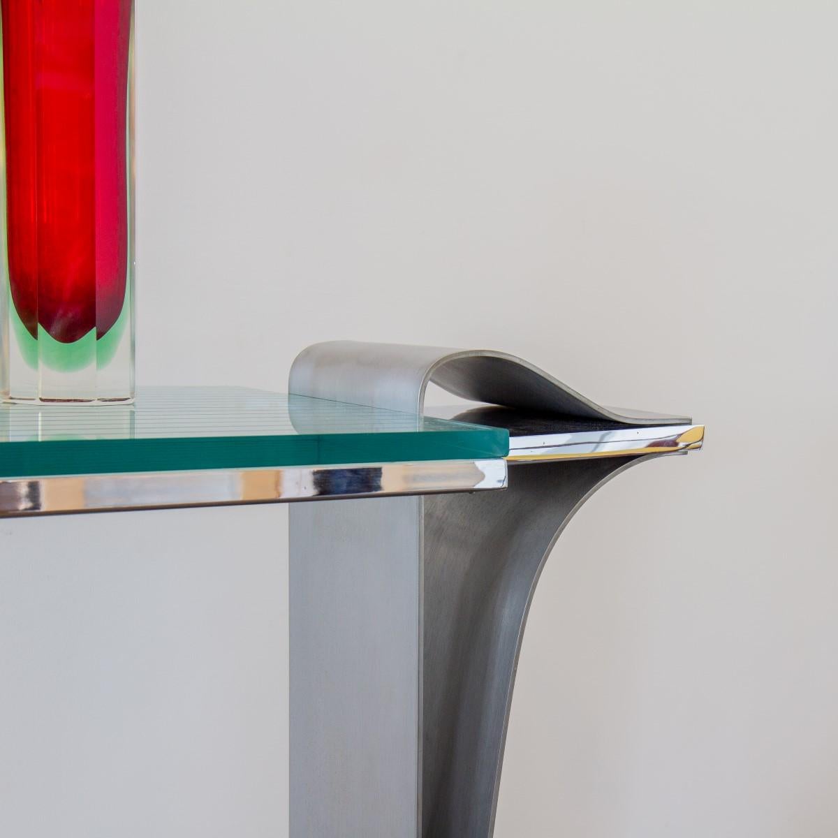 Jay Spectre Steel Console Table with Glass Top, 1980s For Sale at 1stDibs