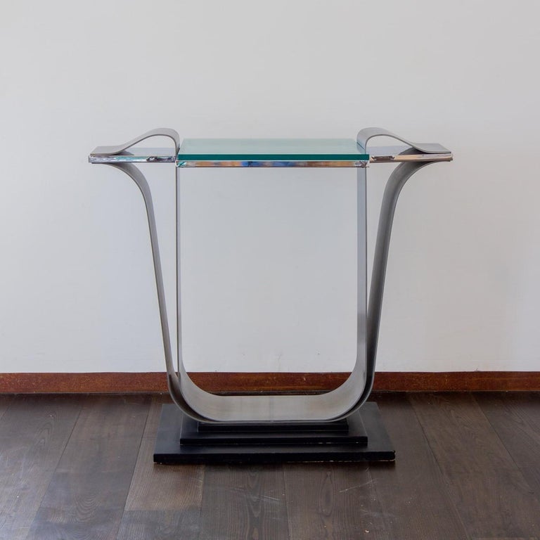 Jay Spectre Steel Console Table with Glass Top, 1980s For Sale at 1stDibs