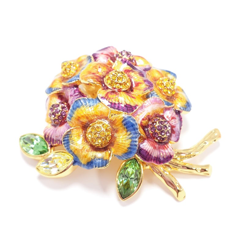Jay Strongwater Pansy Flower Bouquet Enamel and Crystal Brooch, Pin ...