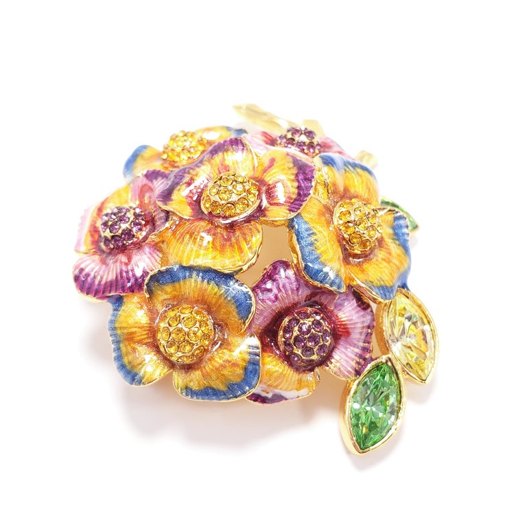 Jay Strongwater Pansy Flower Bouquet Enamel and Crystal Brooch, Pin ...