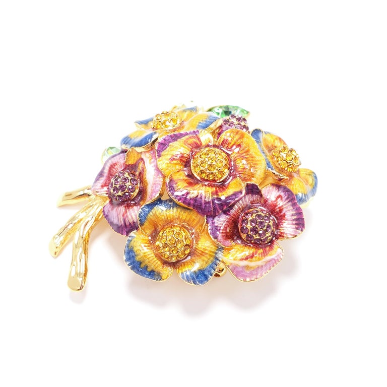 Jay Strongwater Pansy Flower Bouquet Enamel and Crystal Brooch, Pin ...