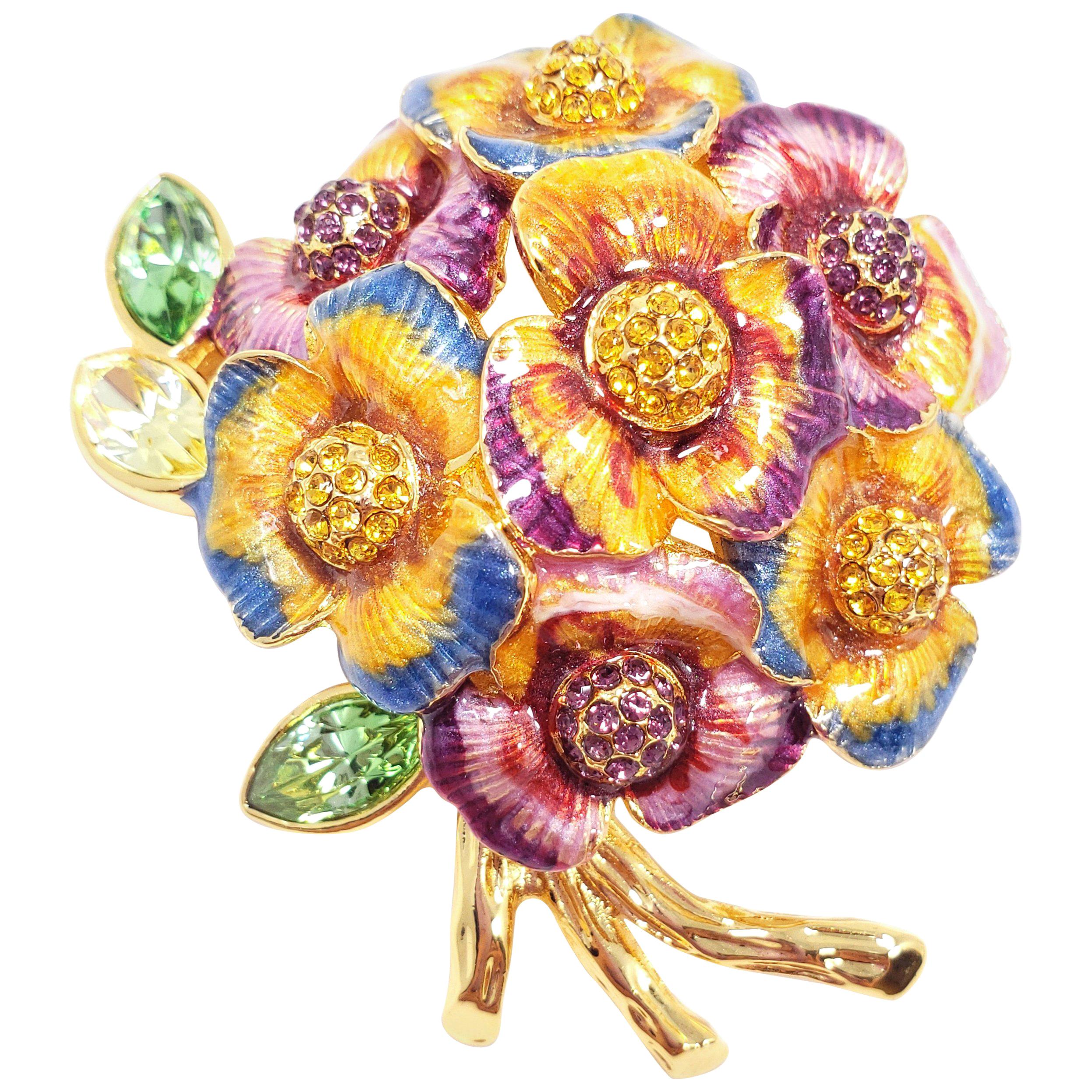 Jay Strongwater Pansy Flower Bouquet Enamel and Crystal Brooch, Pin ...