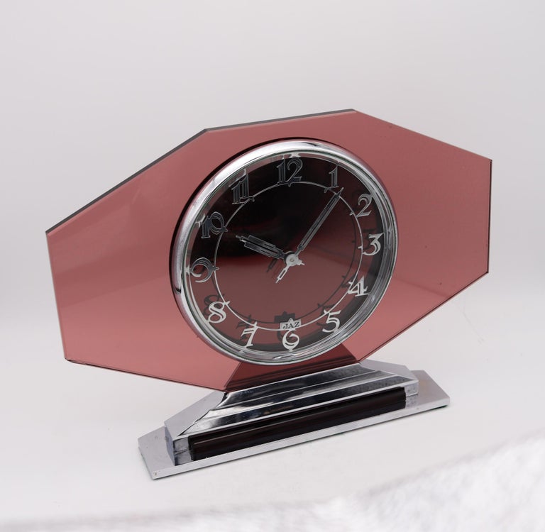 JAZ Paris 1930 Art Deco Geometric 8 Days Glass Desk Clock in Stainless ...