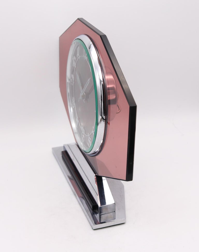 JAZ Paris 1930 Art Deco Geometric 8 Days Glass Desk Clock in Stainless ...