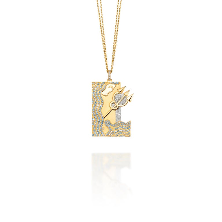 Aquarious Zodiac Pendant 18k Gold 0.59 Ct Diamonds 0.72 Ct Aquamarine ...