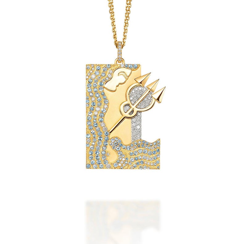 Aquarious Zodiac Pendant 18k Gold 0.59 Ct Diamonds 0.72 Ct Aquamarine ...