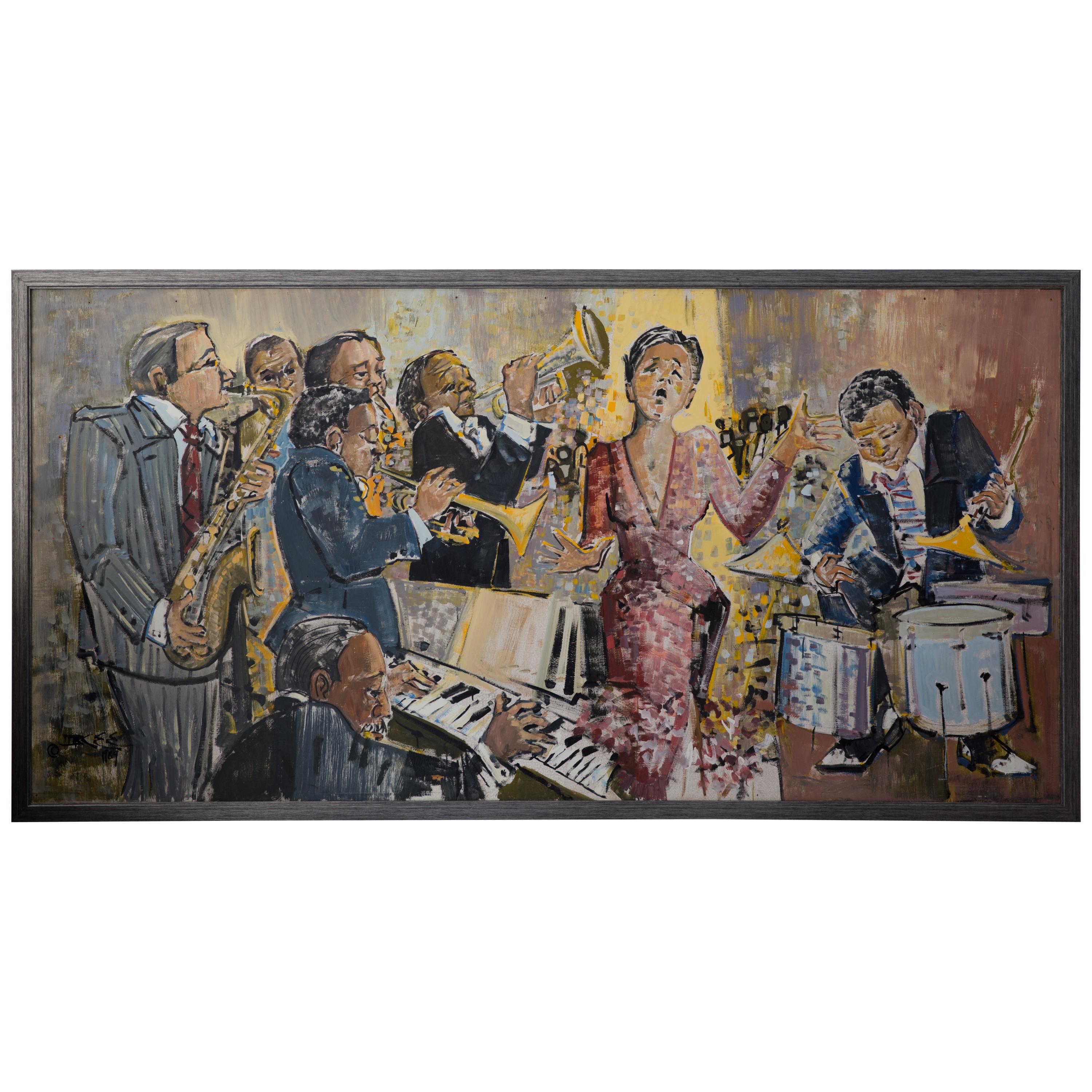 Jazz Musician Wall Mural Oil on Panel Signed and Dated 1989 at 1stDibs