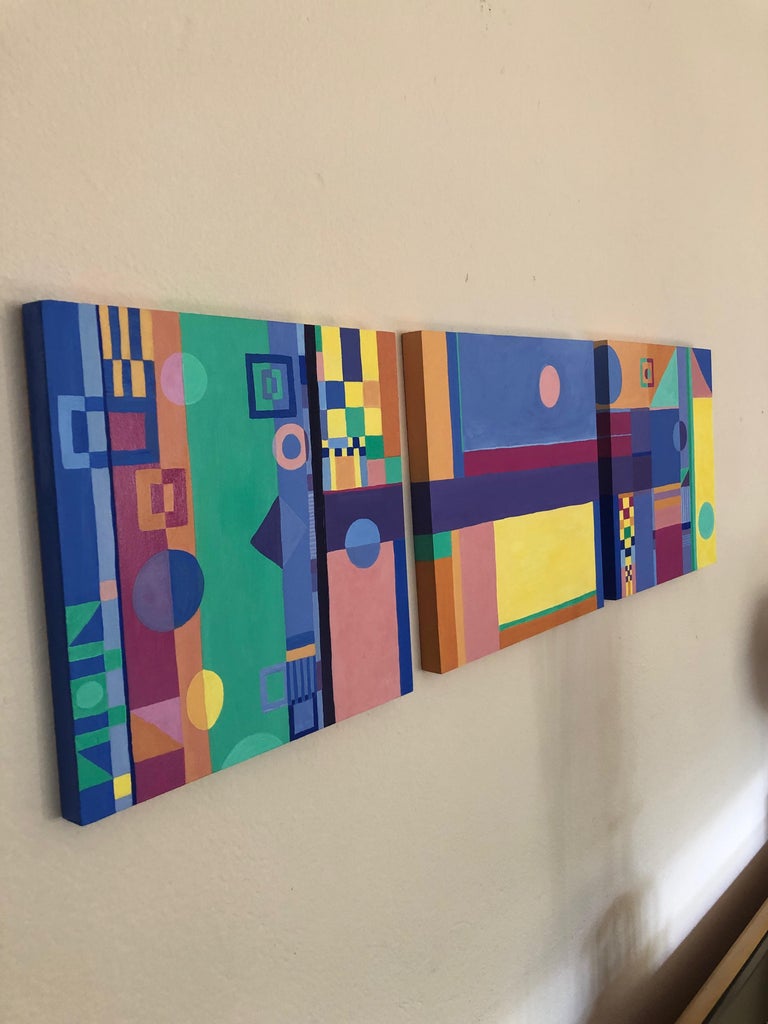 Jazzy Trio of Small Square Abstract Paintings For Sale at 1stDibs
