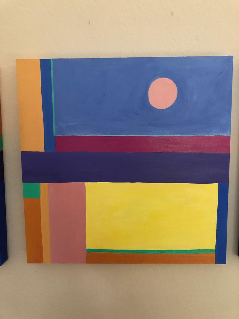 Jazzy Trio of Small Square Abstract Paintings For Sale at 1stDibs
