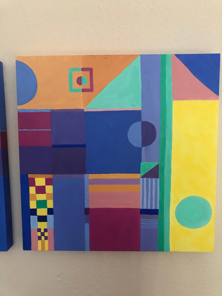 Jazzy Trio of Small Square Abstract Paintings For Sale at 1stDibs