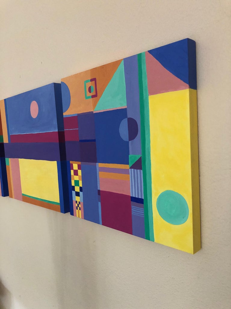 Jazzy Trio of Small Square Abstract Paintings For Sale at 1stDibs