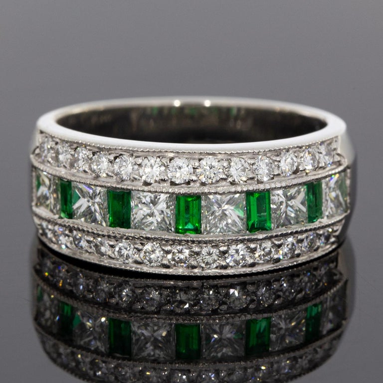 JB Star Platinum 1.20 Carat Baguette Cut Emerald and Diamond Band ...