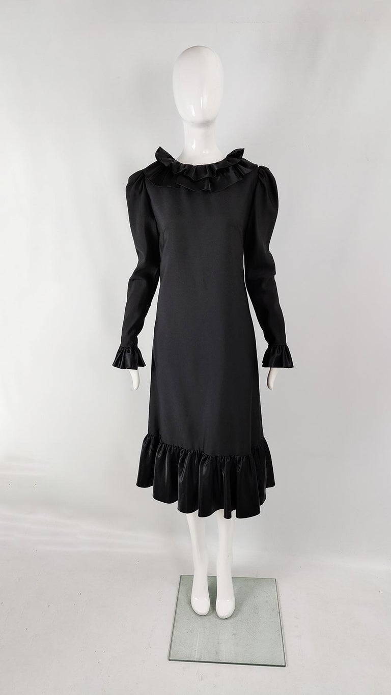 Jean Allen Vintage 70s Black Frilly Ruffle Collar Evening Shift Dress ...