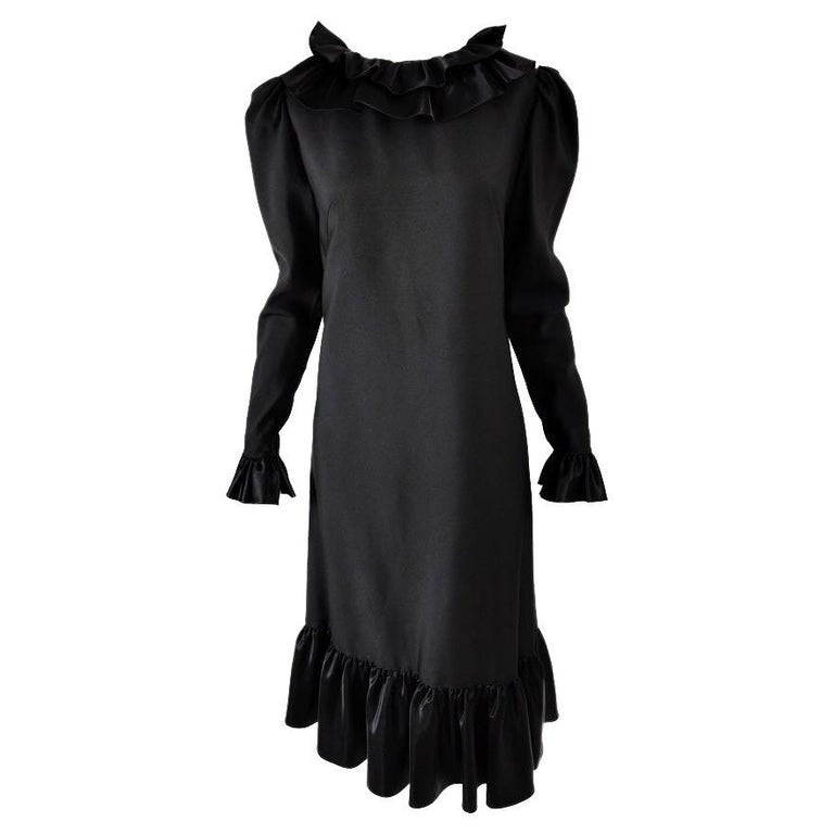 Jean Allen Vintage 70s Black Frilly Ruffle Collar Evening Shift Dress ...