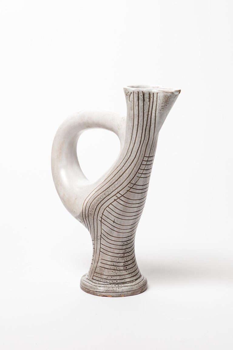 Jean Austruy Large White and Grey Free Form Ceramic Pitcher, circa 1960 ...