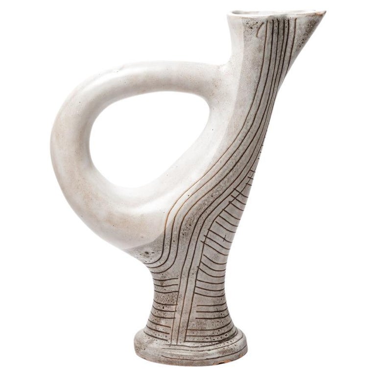 Jean Austruy Large White and Grey Free Form Ceramic Pitcher, circa 1960 ...