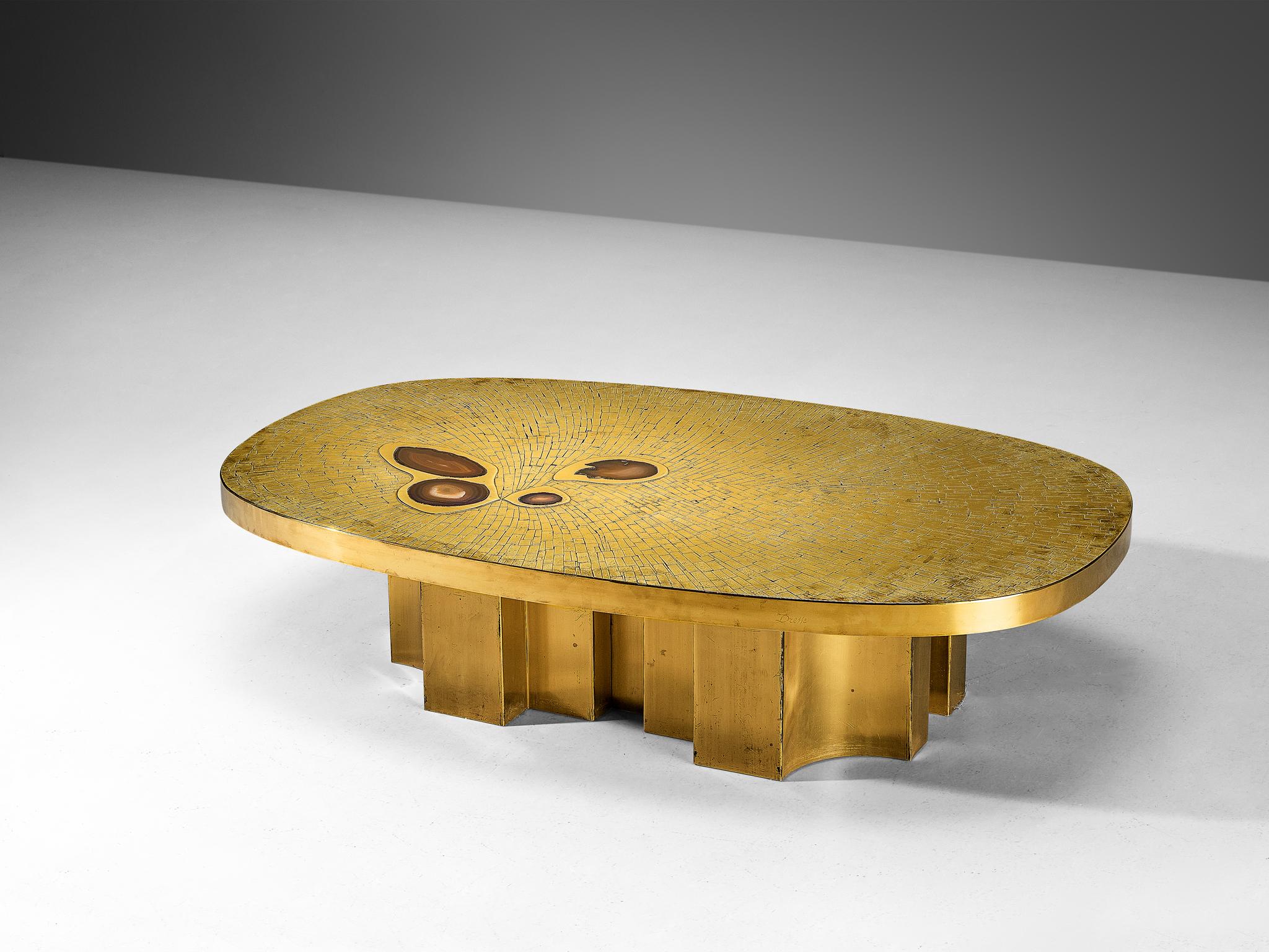 Jean Claude Dresse Oval Coffee Table in Brass Inlayed with Agate For ...