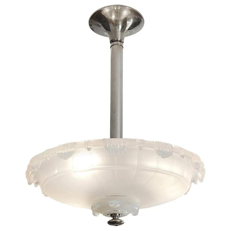 Jean Gauthier, French Art Deco Modernist Opalescent Pendant Chandelier ...