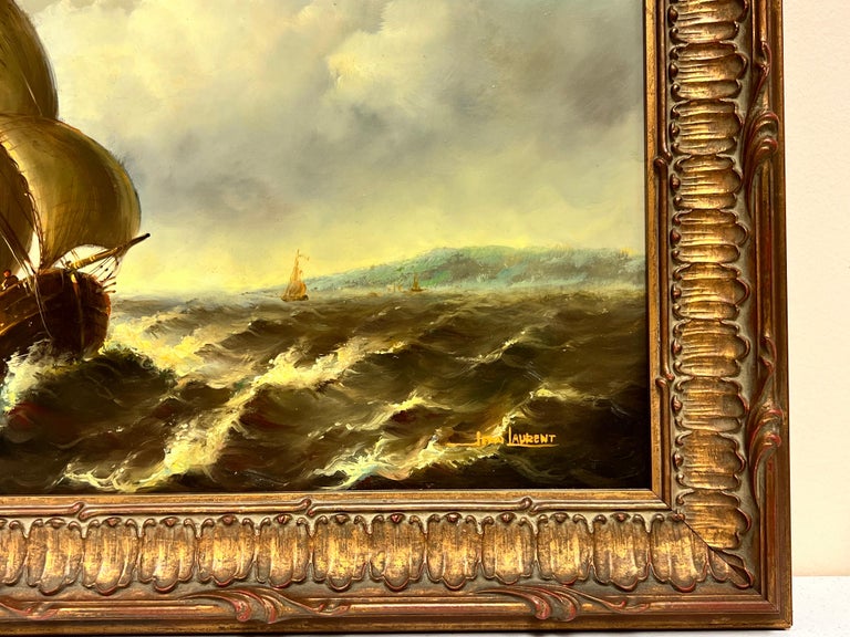 Jean Laurent - Fishing Boat on Stormy Seas off Coastline, Fine French ...