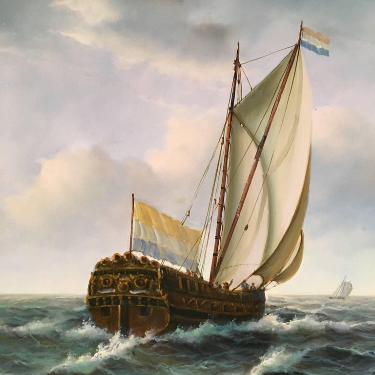 Jean Laurent - French Galleons at Sea, Signed Oil at 1stDibs