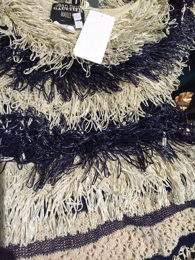 Jean Paul Gaultier blue and creme raffia knit crochet dress at 1stDibs