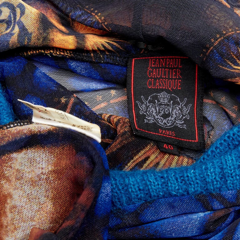 JEAN PAUL GAULTIER blue cathedral print gothic logo wool hooded top ...