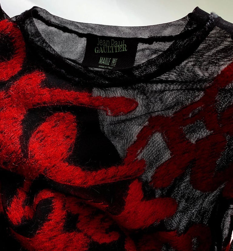 Jean Paul Gaultier Dress Mesh Black Sheer Red Writing Calligraphy 90s ...