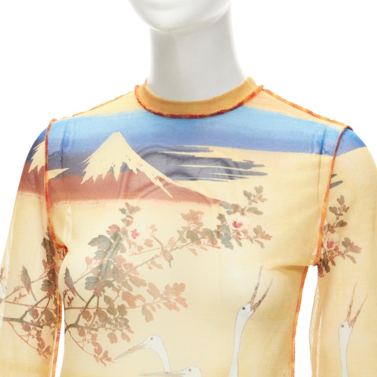 JEAN PAUL GAULTIER FEMME yellow crane mountain sheer crew mesh top IT40 ...